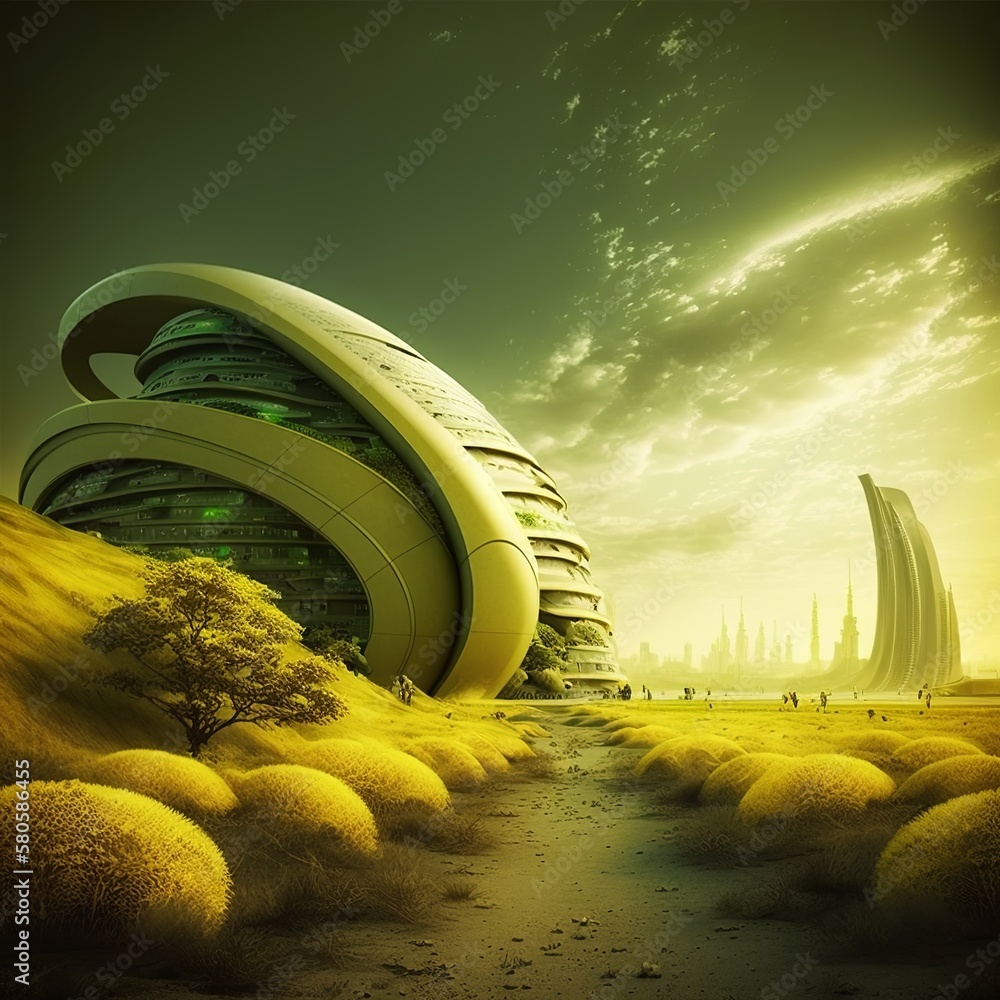 Sustainable green and yellow city with futuristic office building and ...