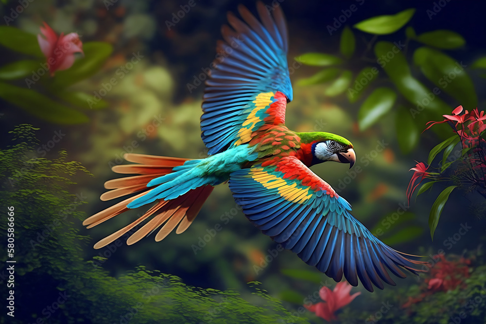 Macaw flying in a tropical forest, aerial view, generative ai Stock ...