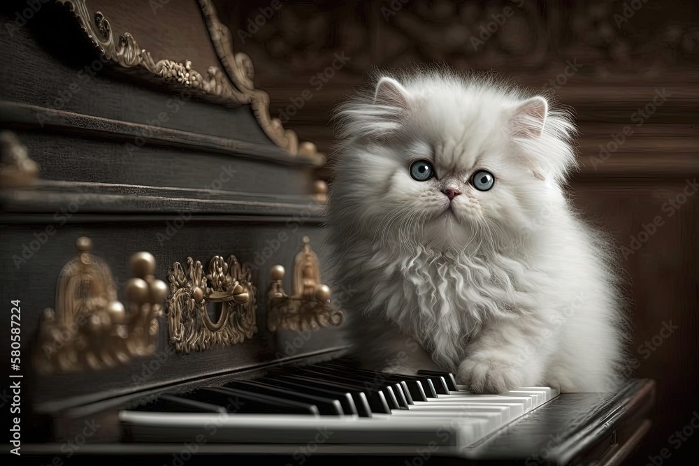Graceful cat sitting on top of a grand piano, looking regal and content ...