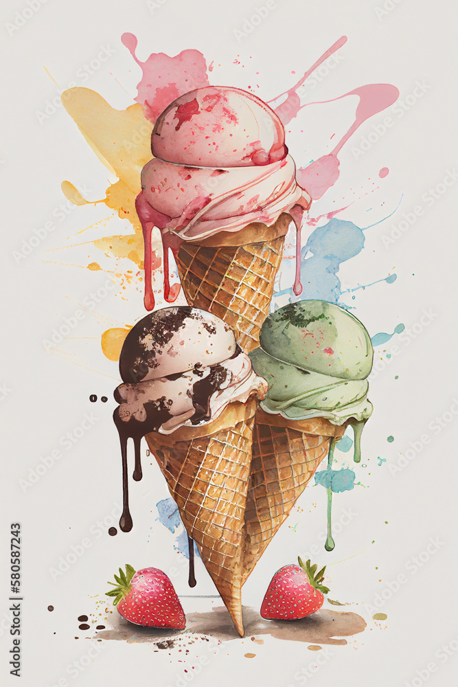 Ice cream watercolour AI generative illustration. Three ice cream in ...
