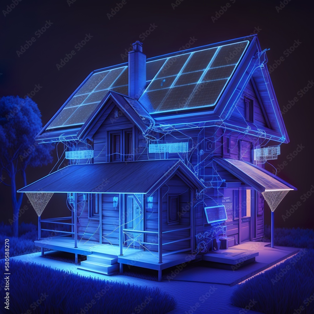 Smart house with solar panels, sketch in 3D with infographics in blue ...