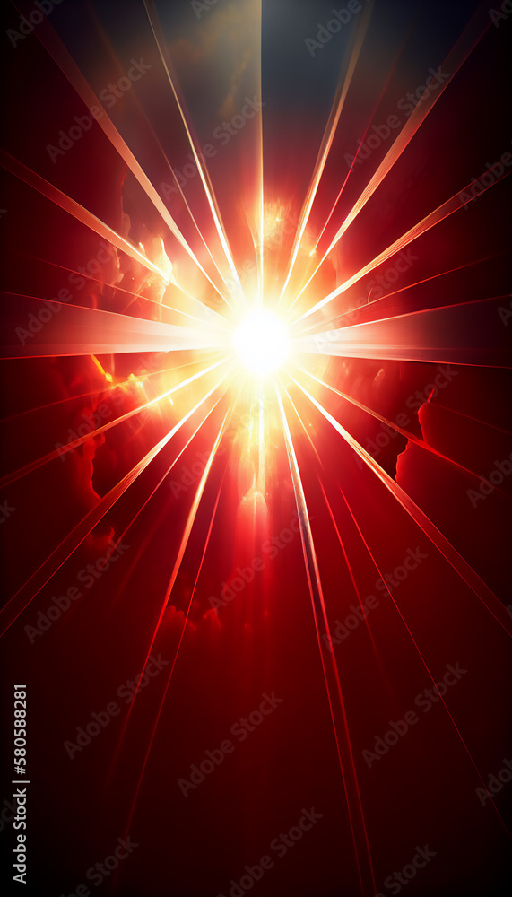 Abstract red background with sun rays, lens flare and copy space ...