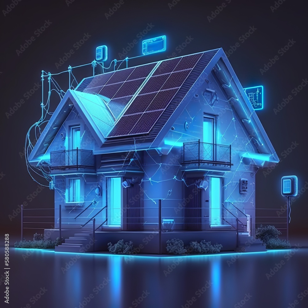 Smart house with solar panels, sketch in 3D with infographics in blue ...