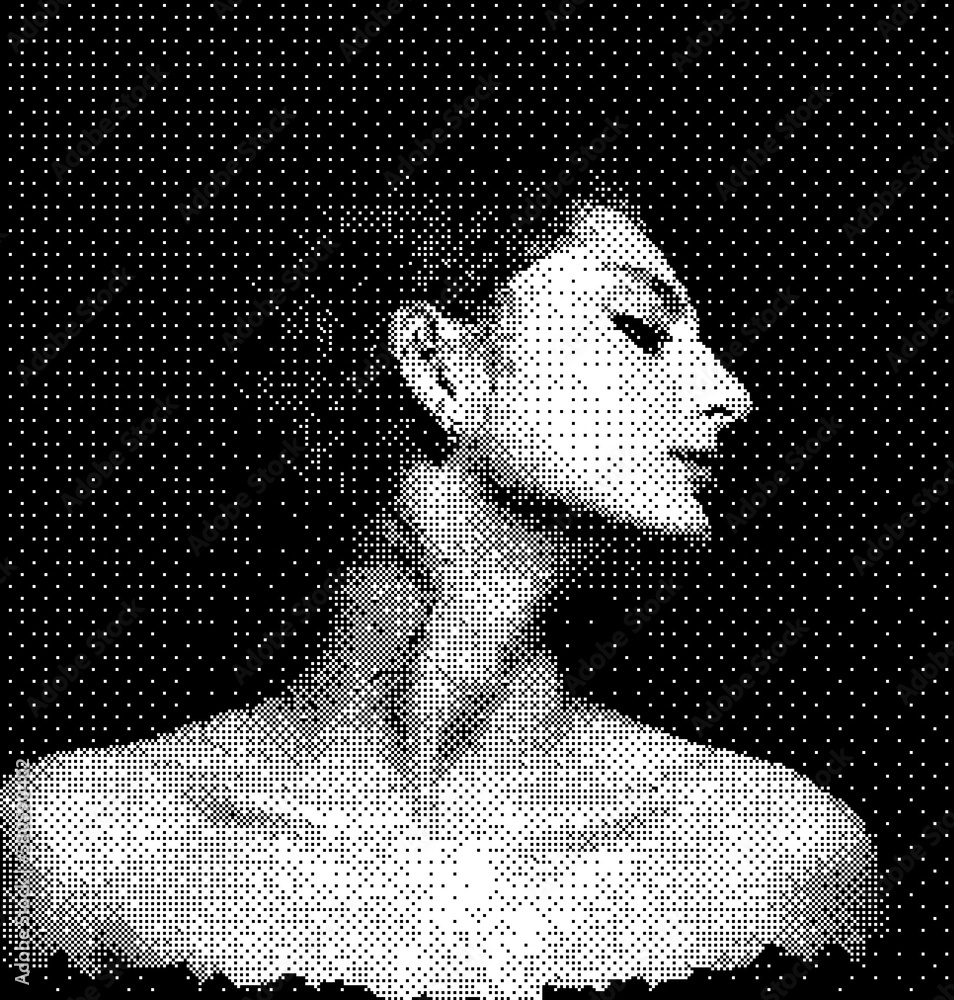 Abstract woman portrait illustration in halftone black and white bitmap ...