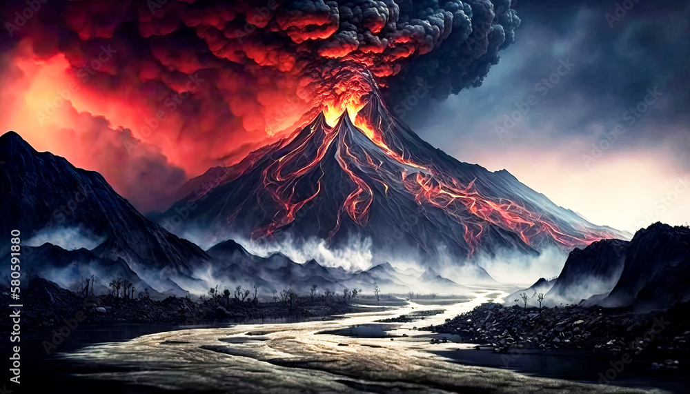Glowing red skies at the rim of an erupting volcano spewing lava flows ...