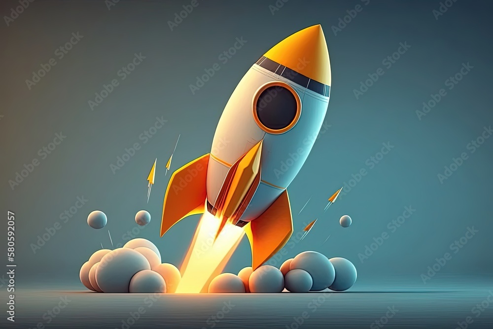 A cartoon-style rocket is depicted in full blast-off mode, evoking a ...