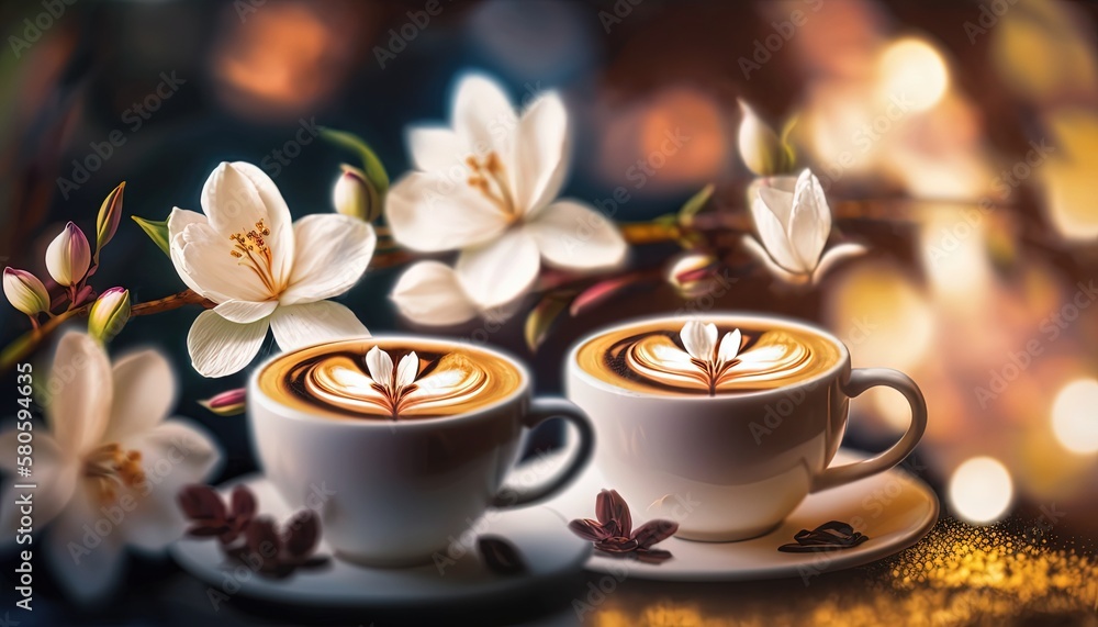 two cups of coffee drink with blossom flower branch, idea for summer ...