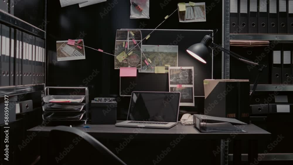 Criminal evidence board in private investigation office, map on wall ...
