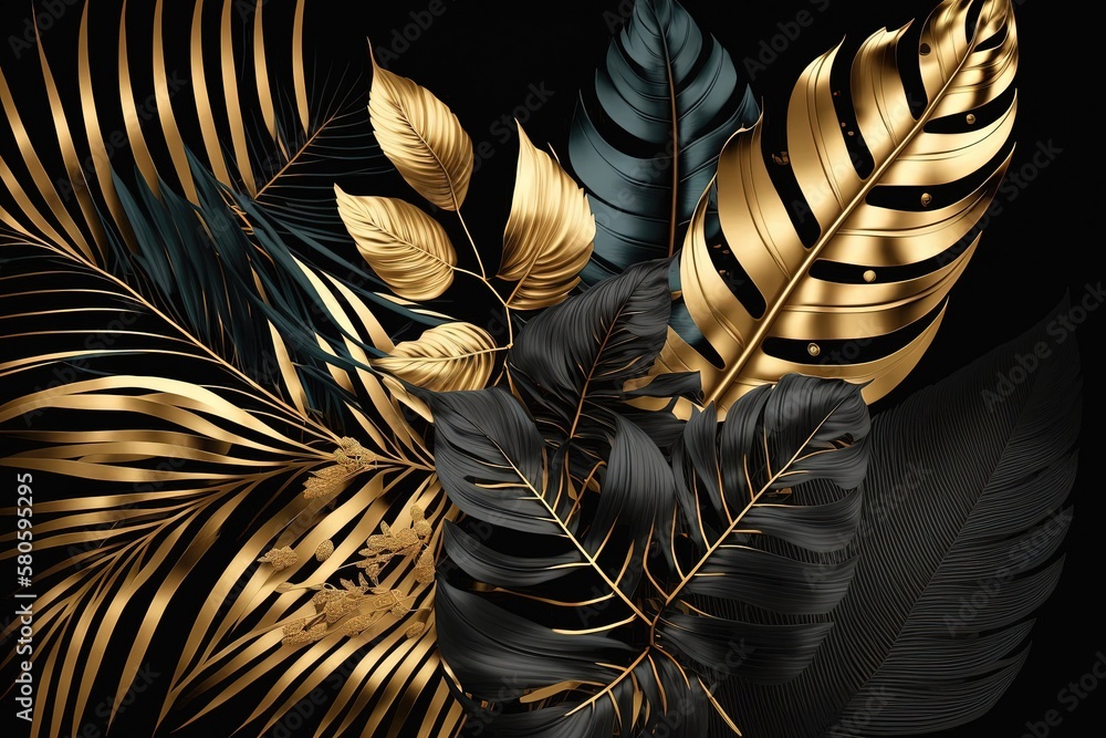 Intricately detailed black and gold tropical leaves with a textured ...