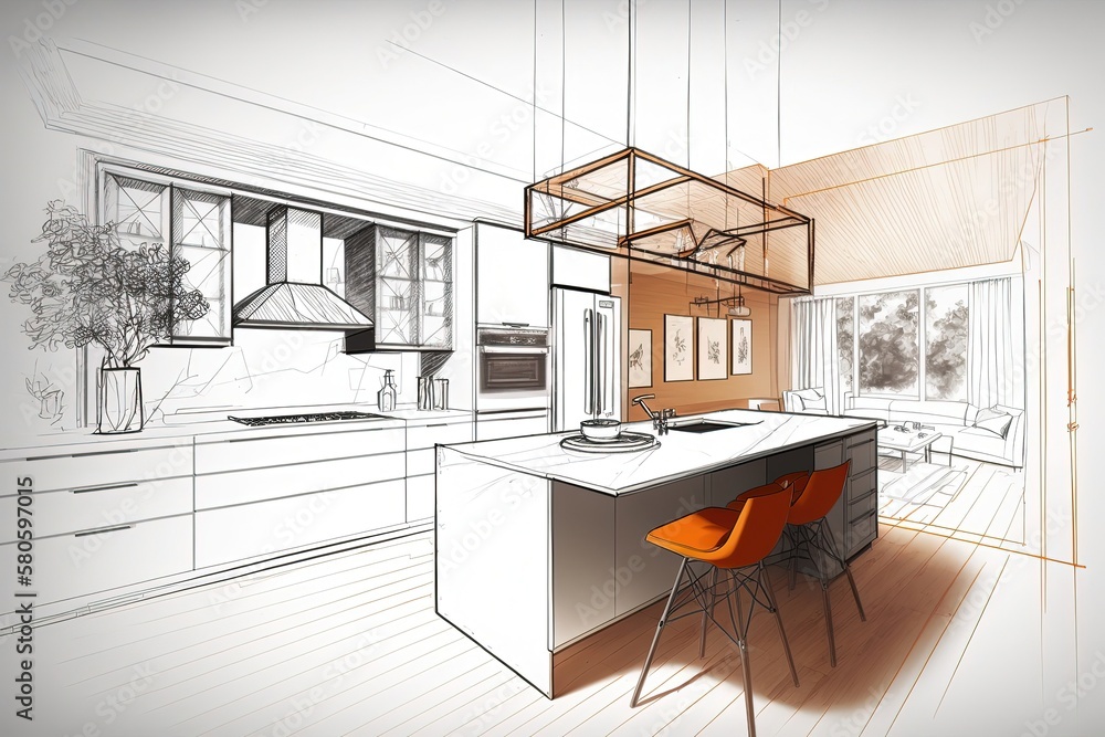 A whimsical and playful depiction of a kitchen in a cartoon style. The ...