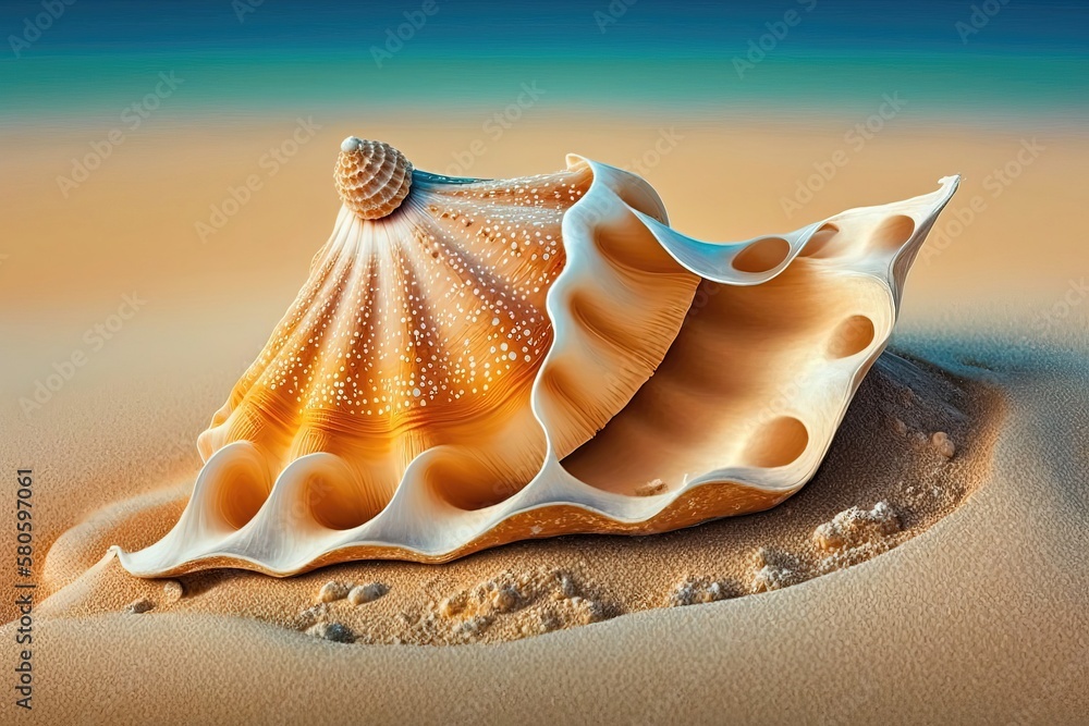 Seashell resting on the sandy shore of the beach. The shell is depicted ...
