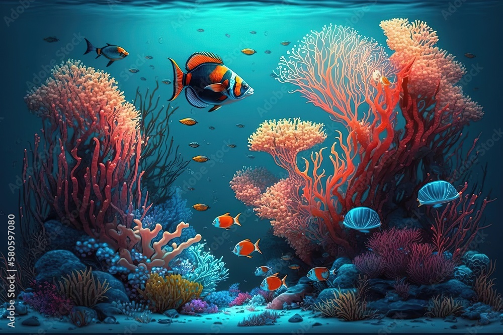 A vibrant and colorful depiction of coral reefs in the ocean. The reefs ...