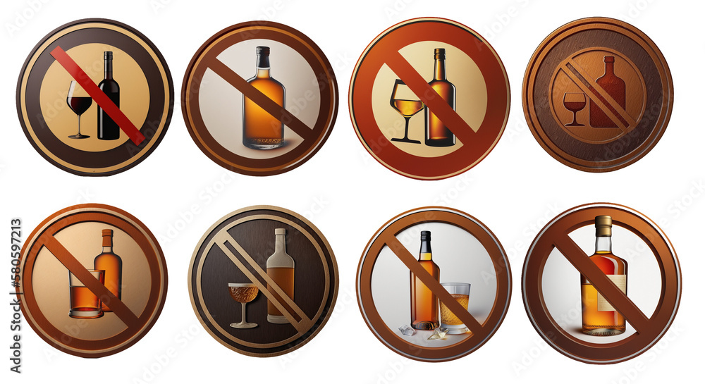 eight different prohibition signs do not drink, forbidden to consume ...