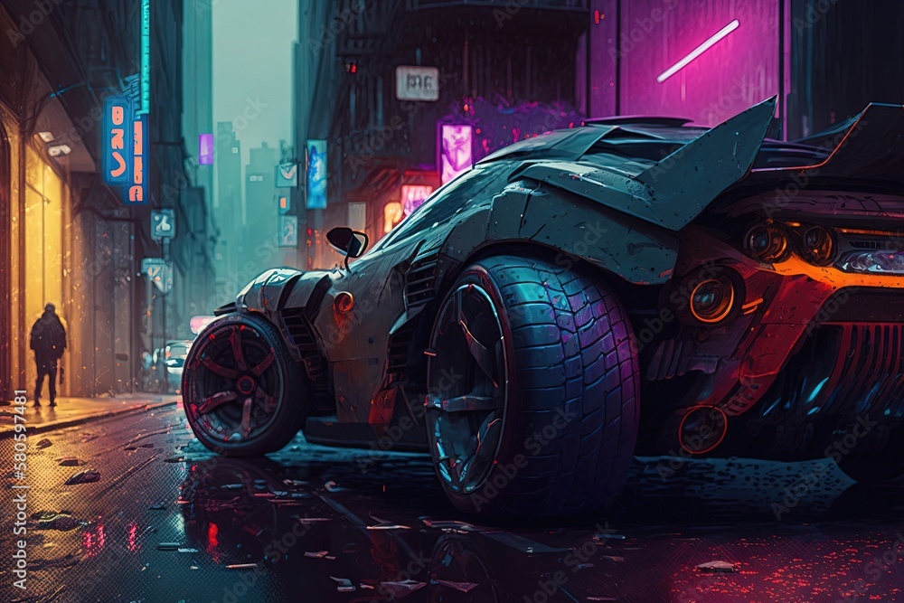 A cyberpunk-style car with sleek metallic lines and neon lights ...