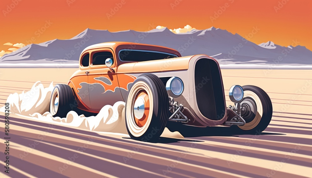 Cartoon Hot Rod Speeding Across Salt Flats with Blazing Fast Action ...