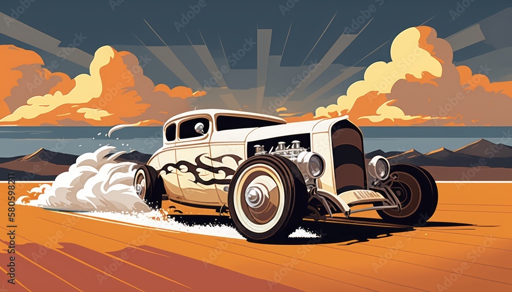 Cartoon Hot Rod Speeding Across Salt Flats with Blazing Fast Action ...