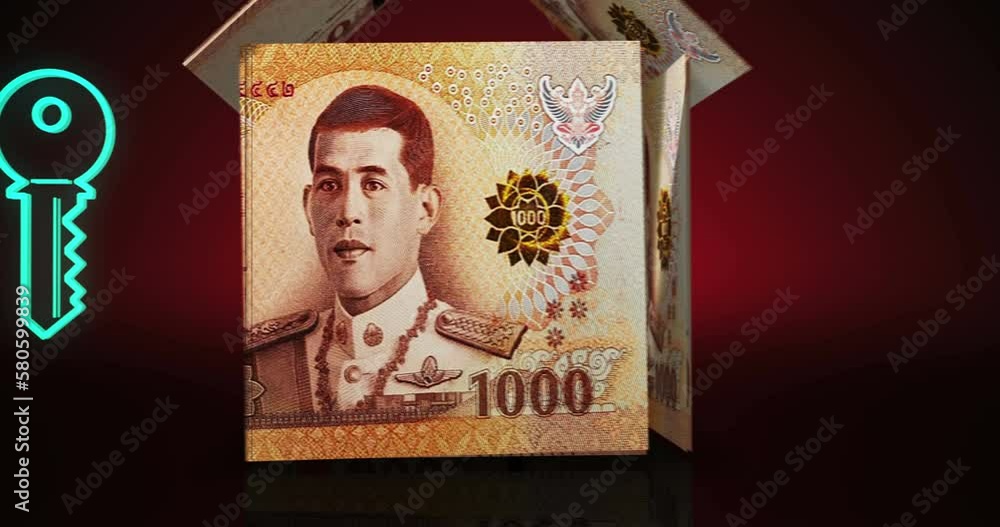 Thai Baht 1000 THB money banknotes paper house on the table with key ...