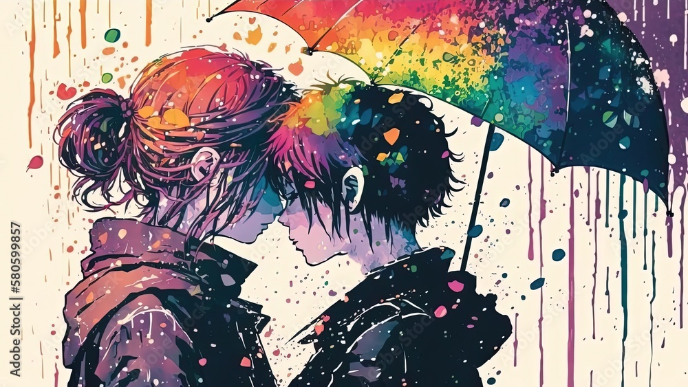 cartoon character of two girls lover couple under same umbrella ...