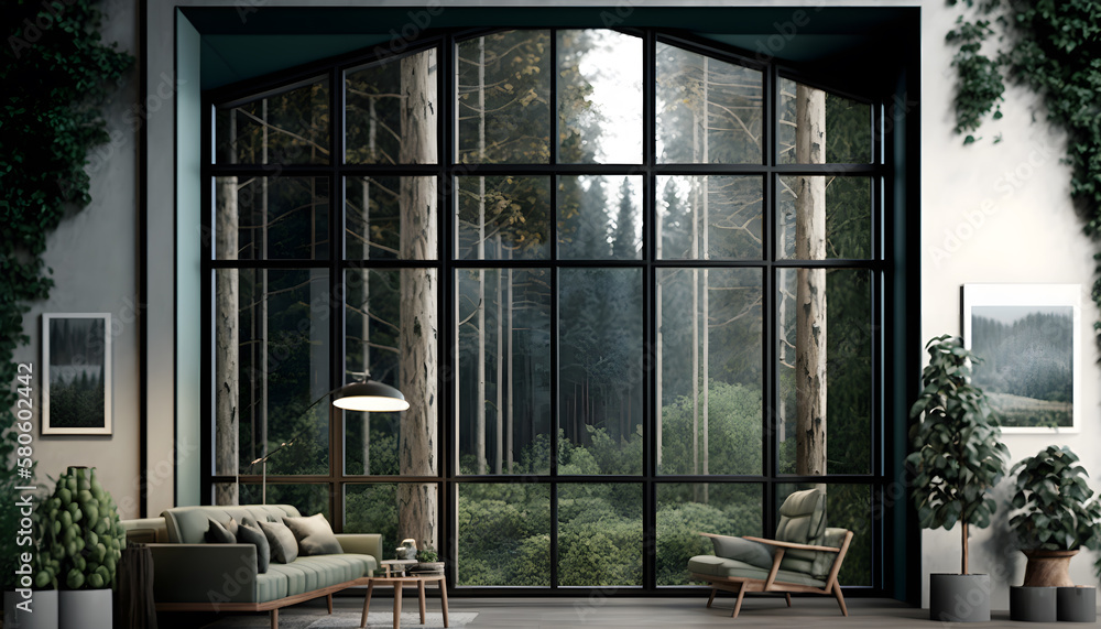 glass window wall view nature theme | living room with nature behind ...