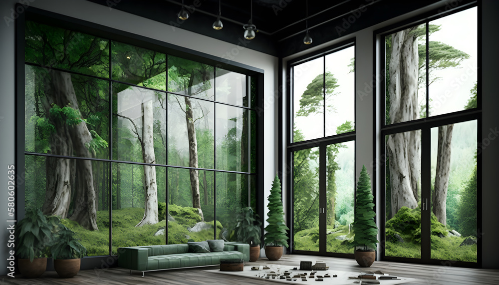 glass window wall view nature theme | living room with nature behind ...