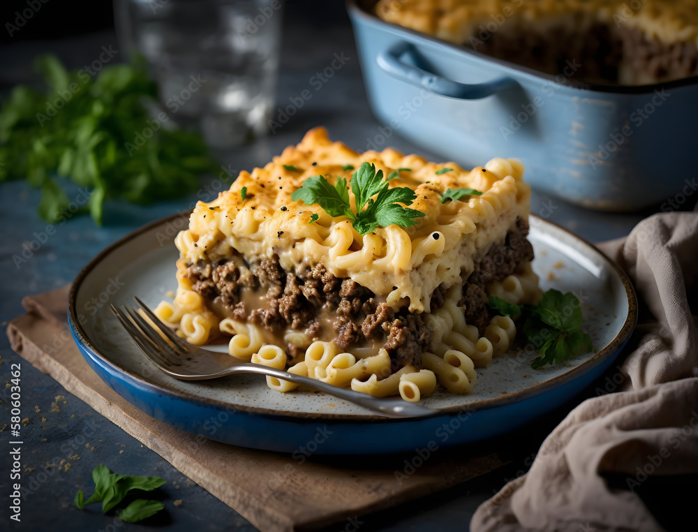 Pastitsio is a classic Greek dish. Served in a deep casserole dish, the ...