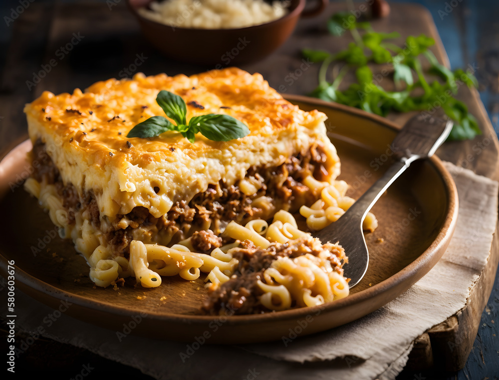 Pastitsio is a classic Greek dish. Served in a deep casserole dish, the ...
