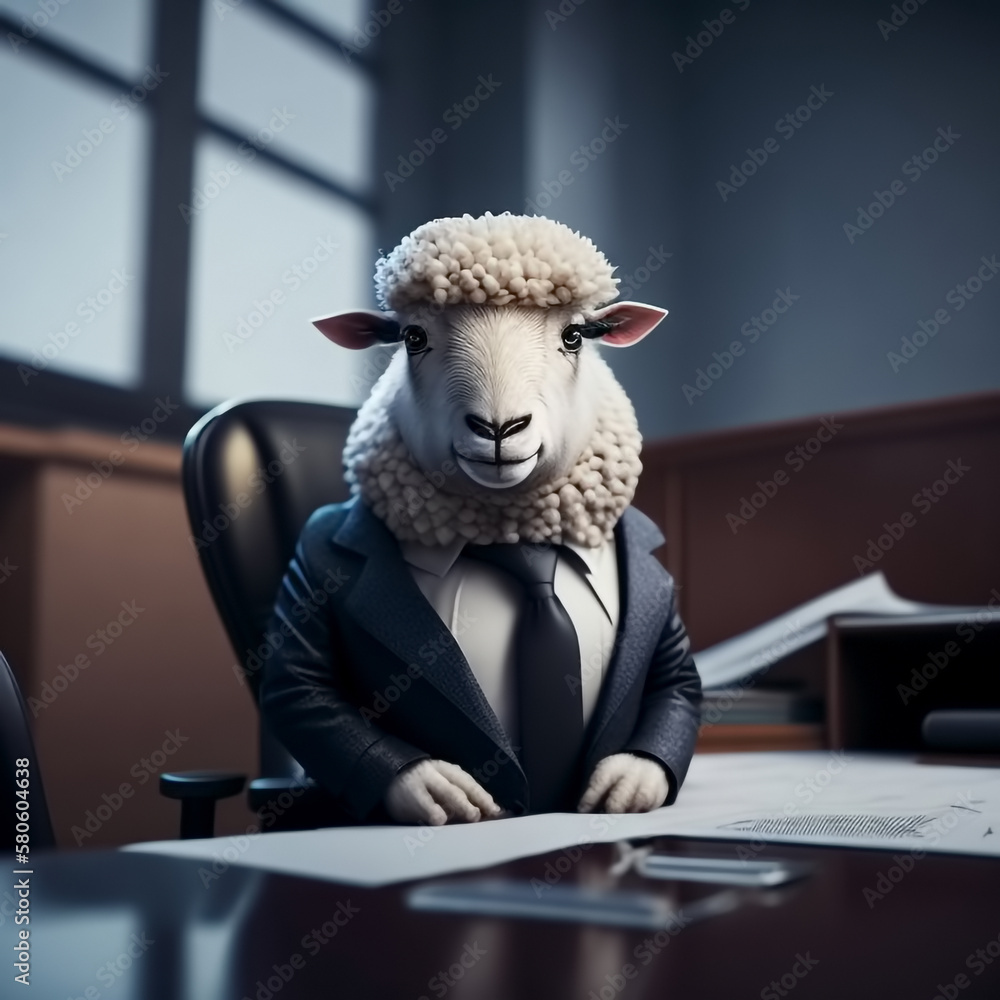 Sheep in business suit and tie sits at an office desk. Generative AI ...