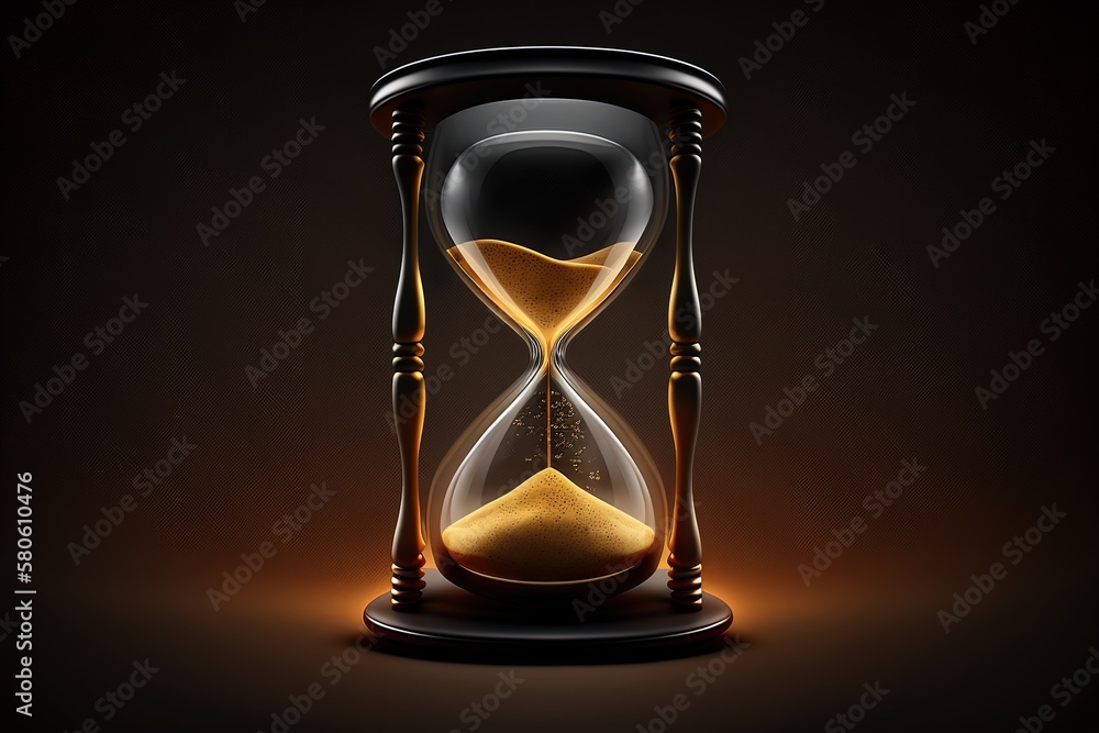 Golden hourglass illustration, dark background, time concept ...