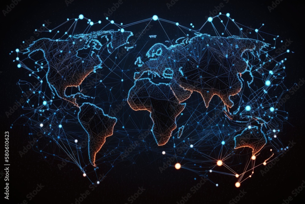 Global map illustration with network contacts, dark blue background ...