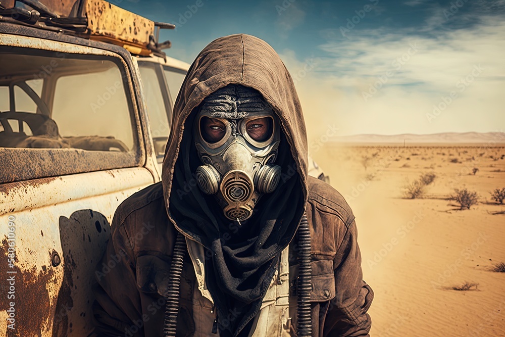 Man in hoodie and gas mask, old car in the background, mad max style ...