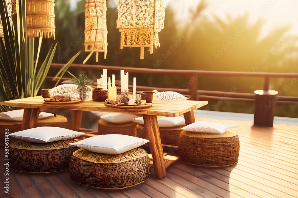 natural bamboo table set with brown cushions and a straw hat (AI ...