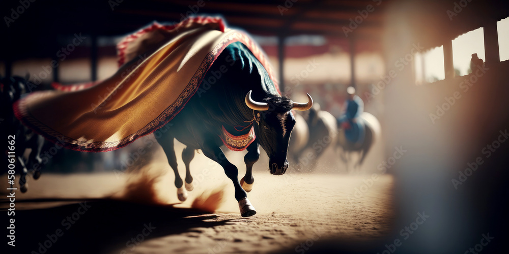 Generative AI illustration of aggressive bull in golden cape running on ...