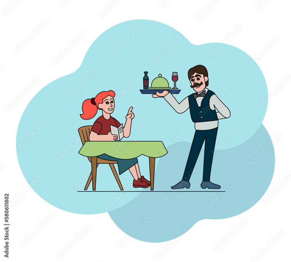 The waiter is serving a customer. Funny flat vector color illustration ...