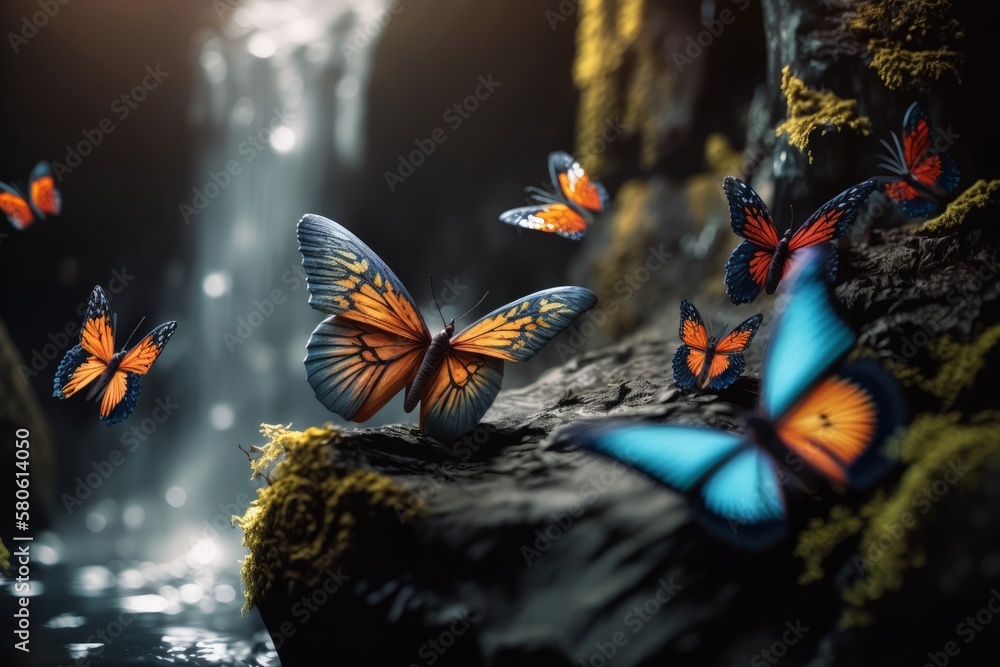 Dancing Butterflies and Fairy Tale Insects near Waterfall: Unreal ...