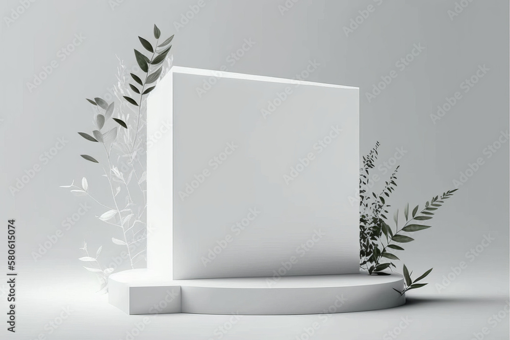 Presentation of minimal white podium display with leaves background ...