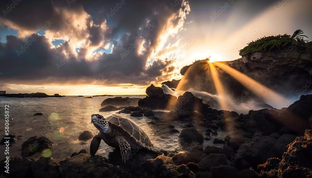 sea turtle walking slowly on sand with protective shell, sea turtle ...