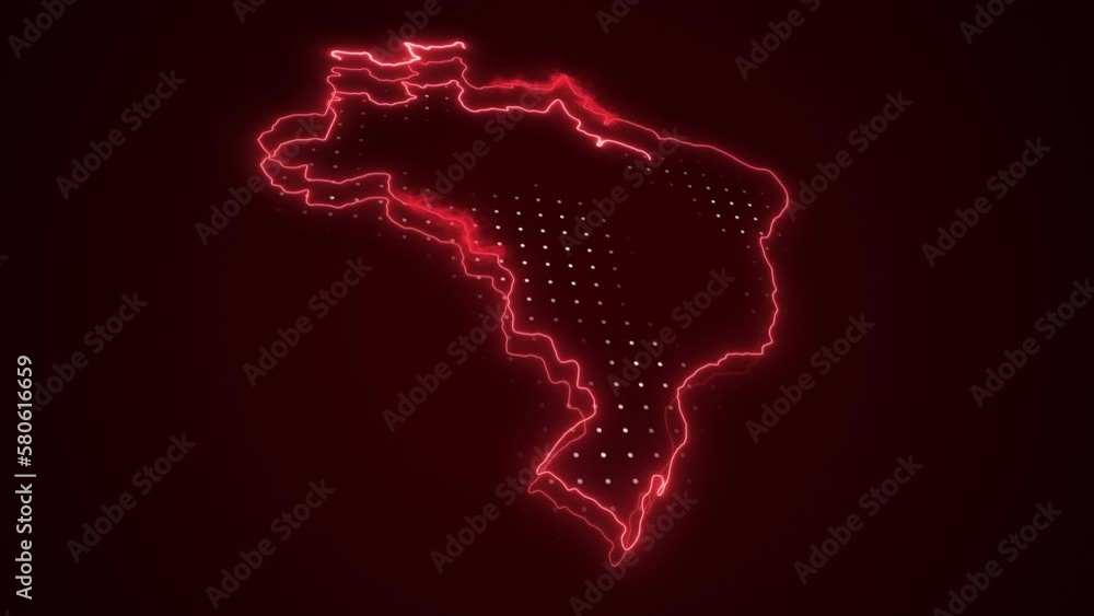 3D Neon Red Brazil Map Borders Outline Loop Background. Neon Red ...