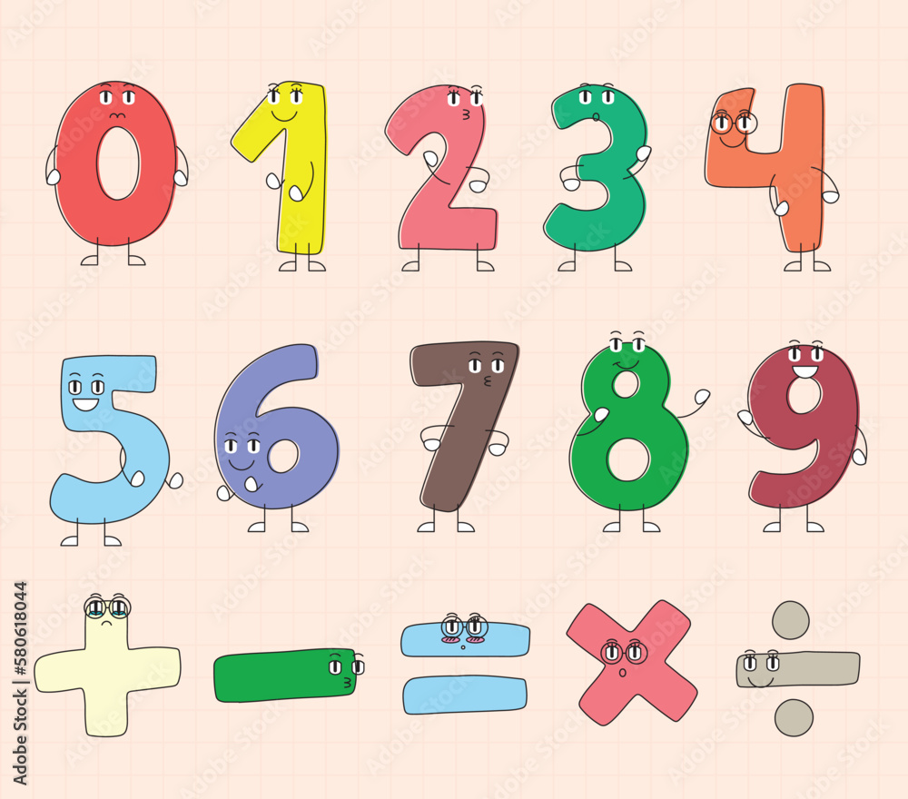 Set of Vector cartoons mathematics number symbols with happy face ...