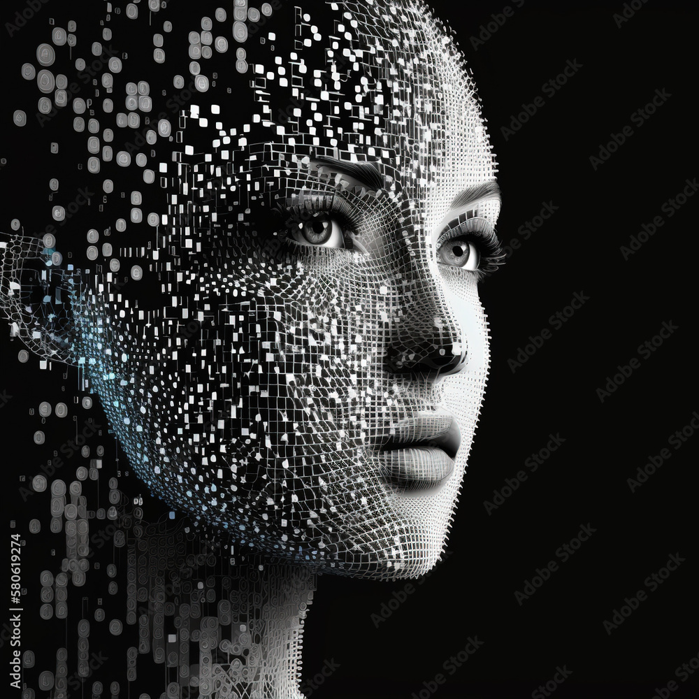 Human face in white pixels, black background. AI generated Stock ...