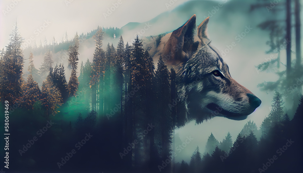 wolf in the forest, digital composition with pine trees, foggy ...