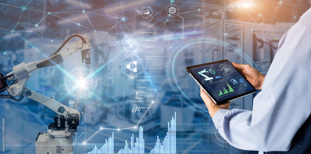 Smart industry control concept.Manager Engineer Hands holding tablet on ...
