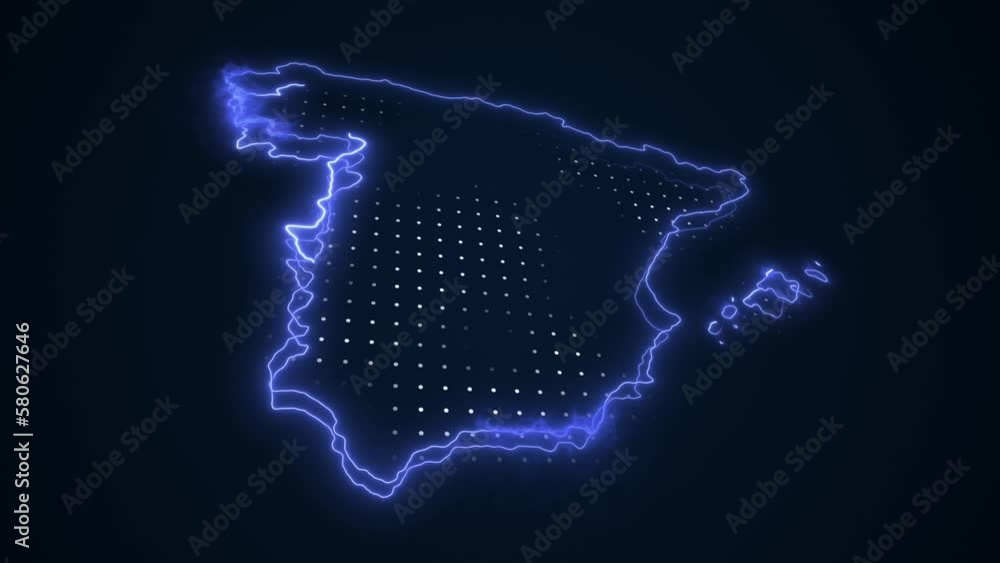 3D Neon Blue Spain Map Borders Outline Loop Background. Neon Blue ...