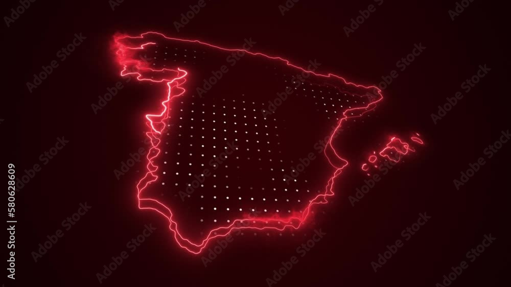 3D Neon Red Spain Map Borders Outline Loop Background. Neon Red Colored Spain Map Borders ...