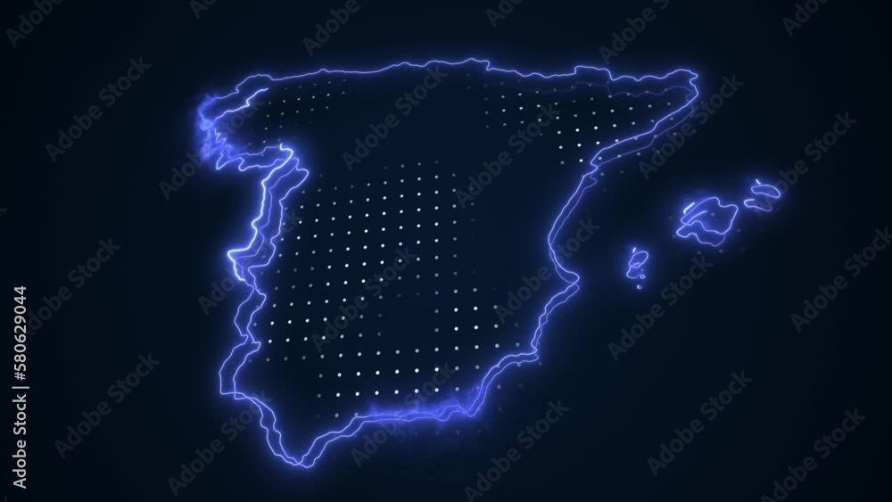 3D Moving Neon Blue Spain Map Borders Outline Loop Background. Neon ...