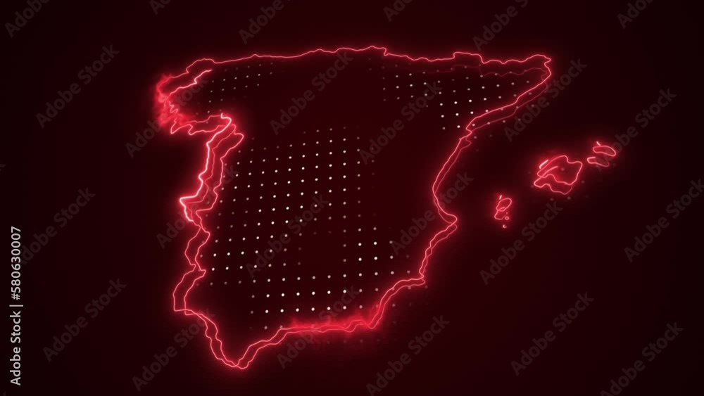 3D Moving Neon Red Spain Map Borders Outline Loop Background. Neon Red ...