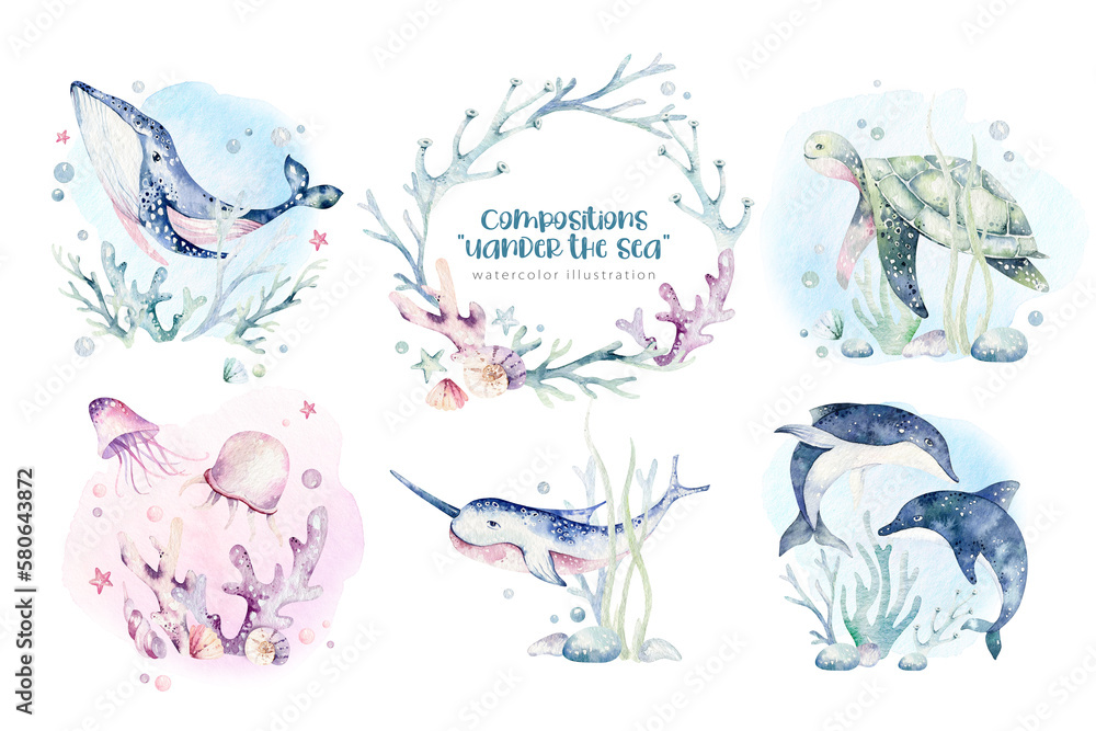 Set of sea animals. Blue watercolor ocean fish, turtle, whale and coral ...