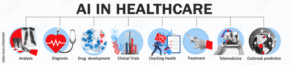 Set of icons for artificial intelligence in healthcare system. Analysis ...