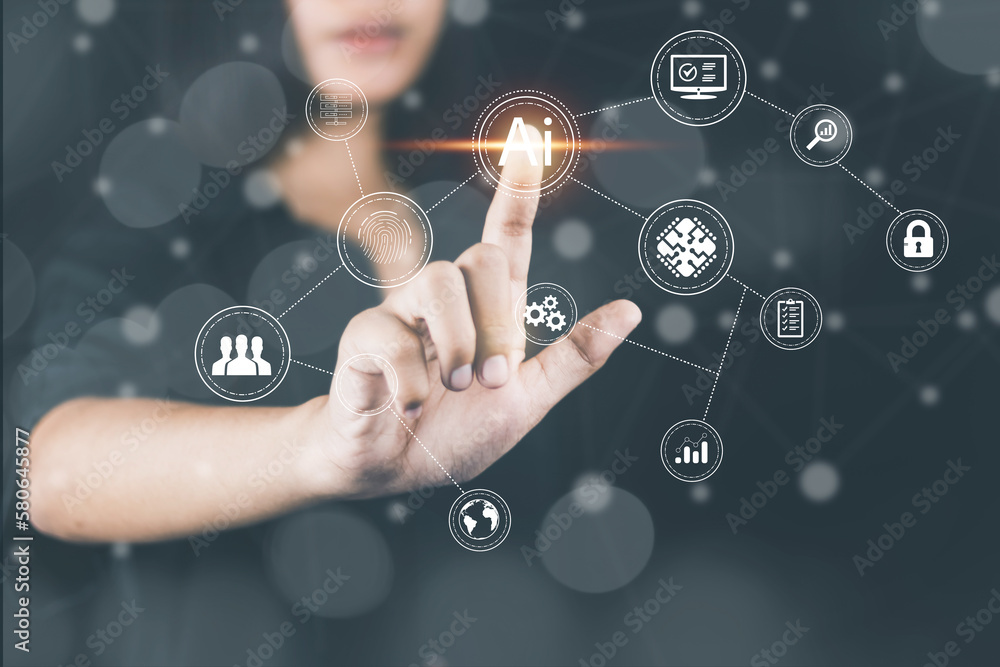 Foto Stock Ai Artificial Intelligence concept businesswoman show virtual graphic connect ...