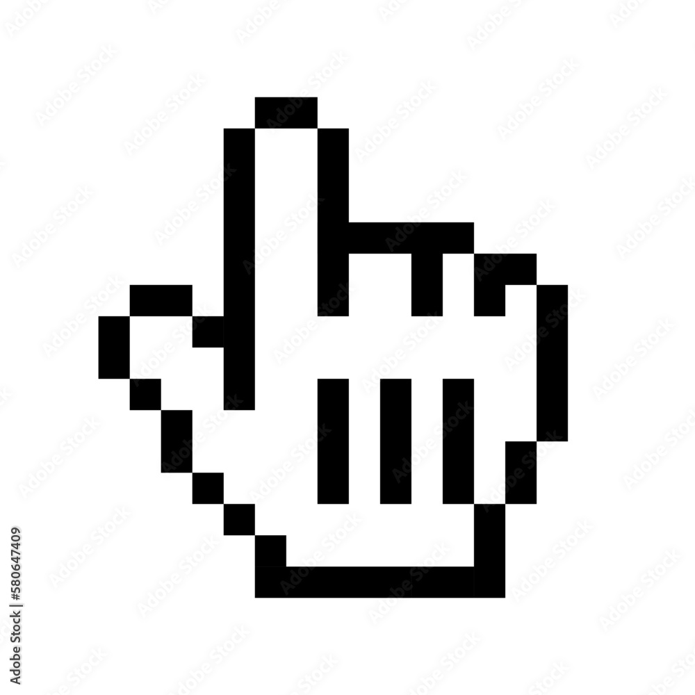 Pixel retro cartoon cursor hand arrow. Psychedelic groovy control web element. Black and white ...