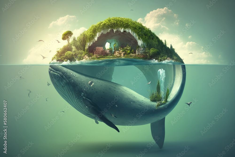 Fairy tale island in the ocean that is held by a whale. Created with ...